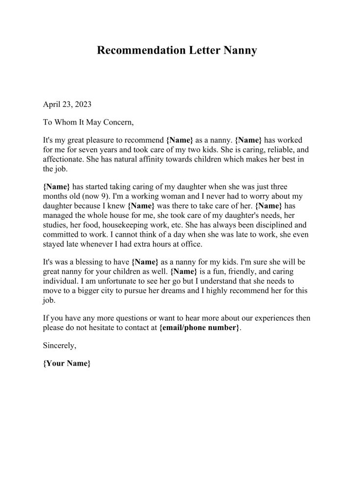 Nanny Recommendation Letter Sample Example Nanny Recommendation Letter Sample Example