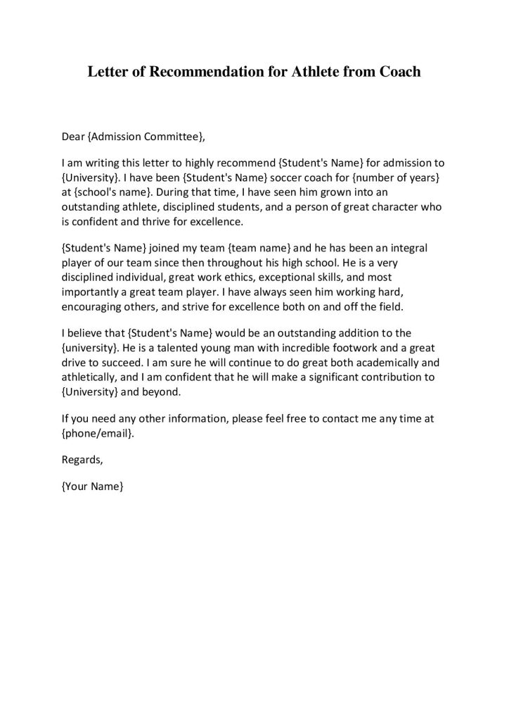 Recommendation Letter From Coach For Student Sample Example