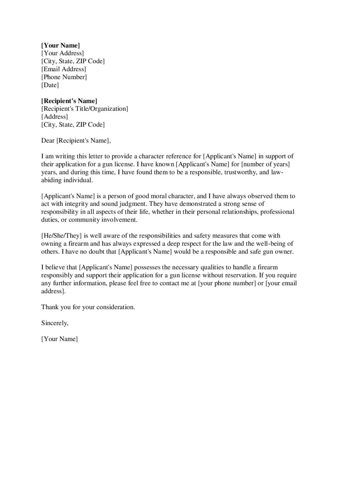Character Reference for Gun License/ Permit - Sample Letter