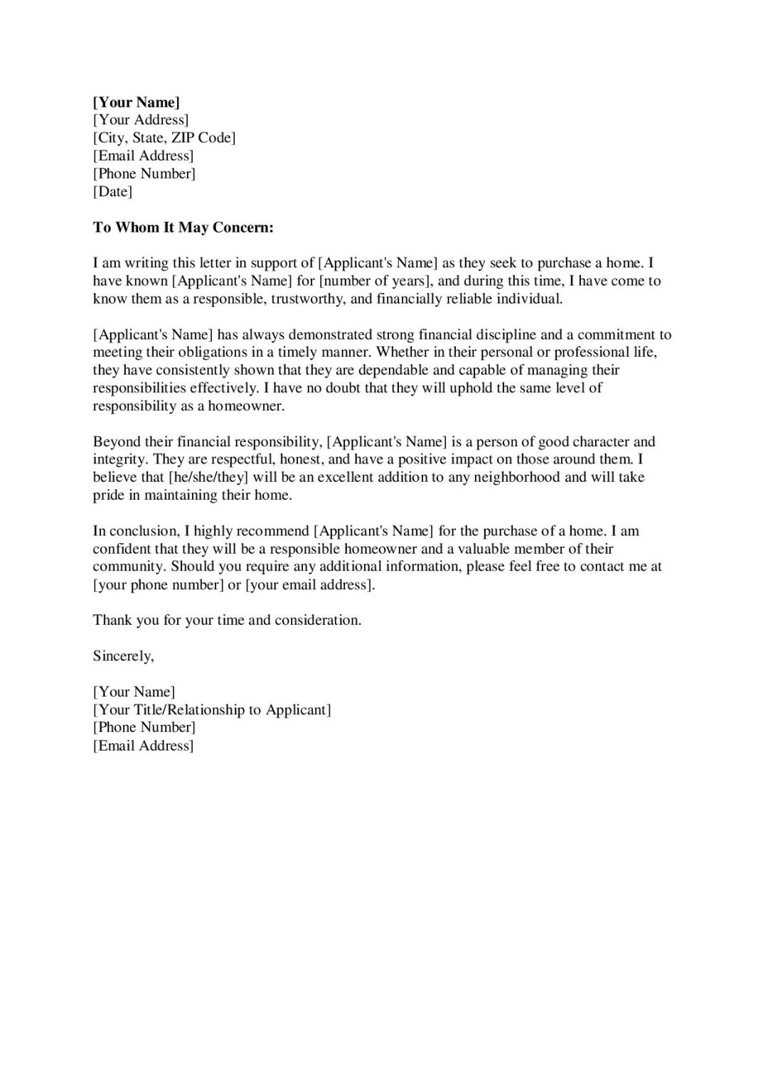 Character Reference Letter for Home Purchase | Editable Template